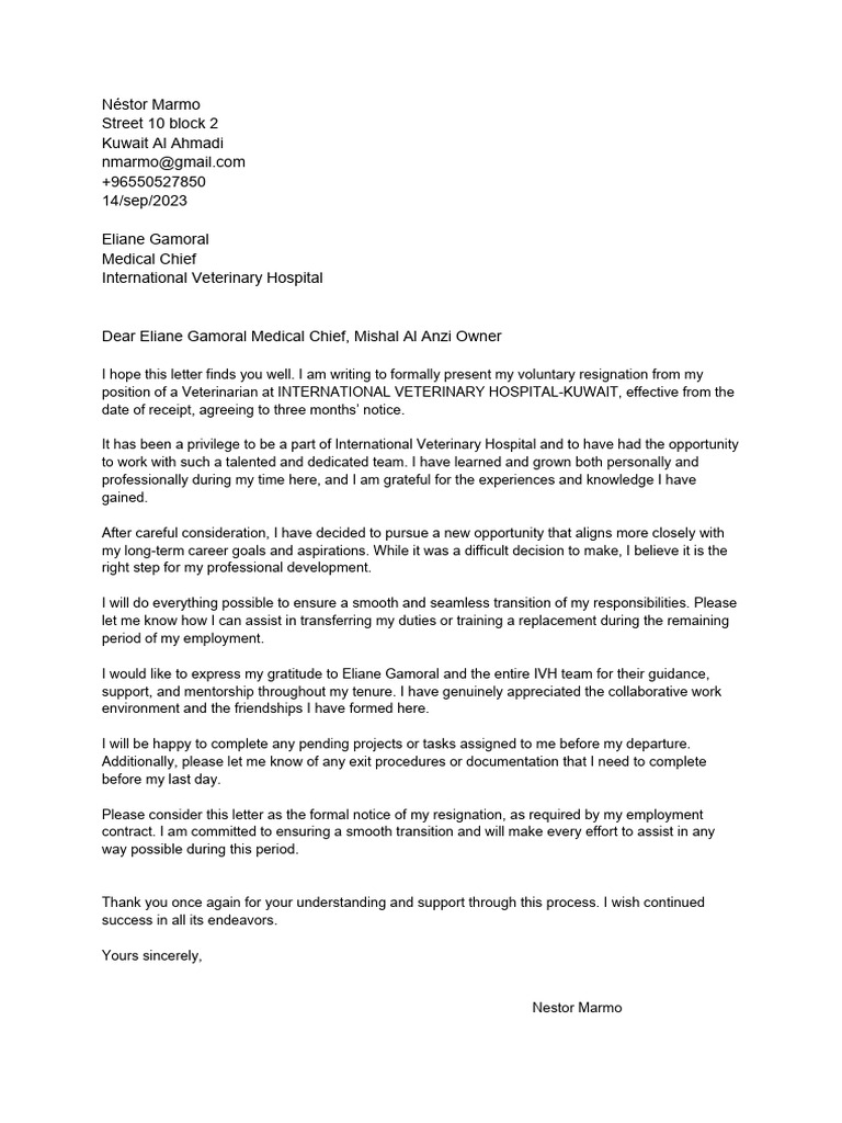 Veterinarian Resignation Letter - Kuwait | PDF