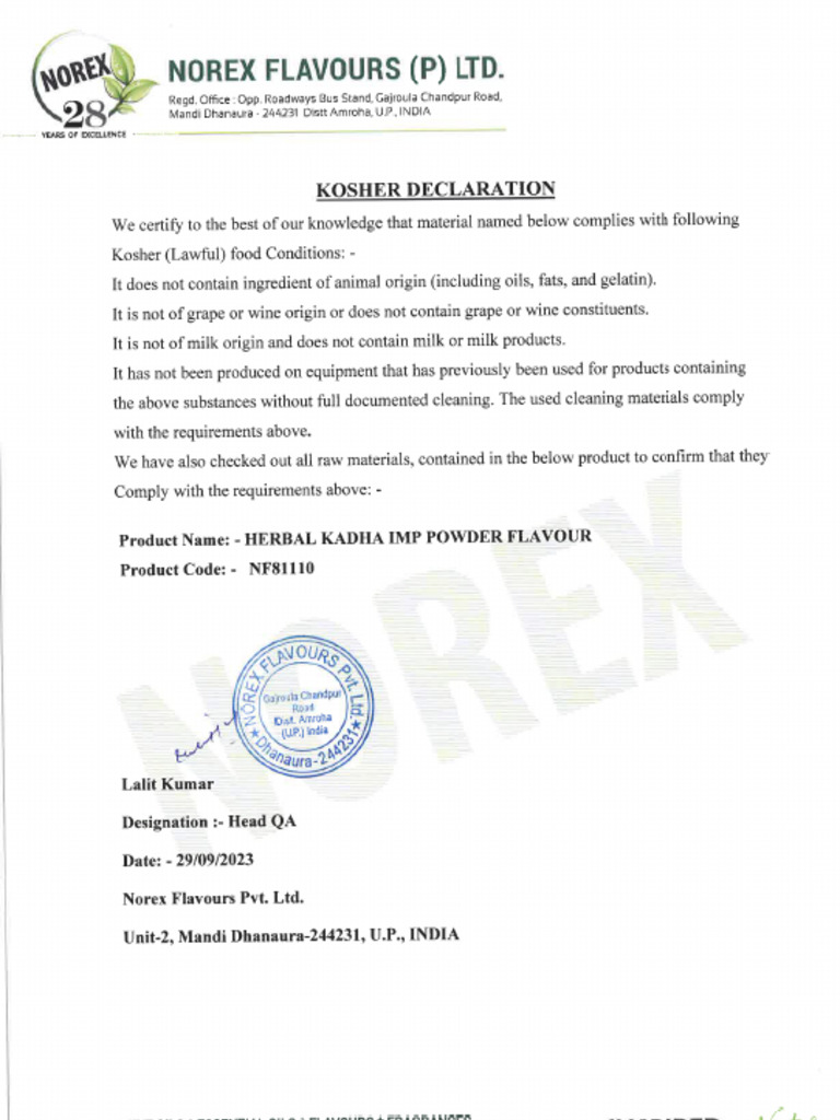 Kosher Declaration | PDF | Nutrition | Diet & Nutrition
