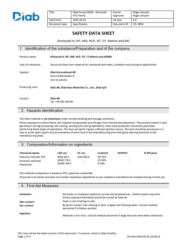 Diab MSDS: Divinycell PVC Foam | PDF | Carbon Dioxide | Polyvinyl Chloride