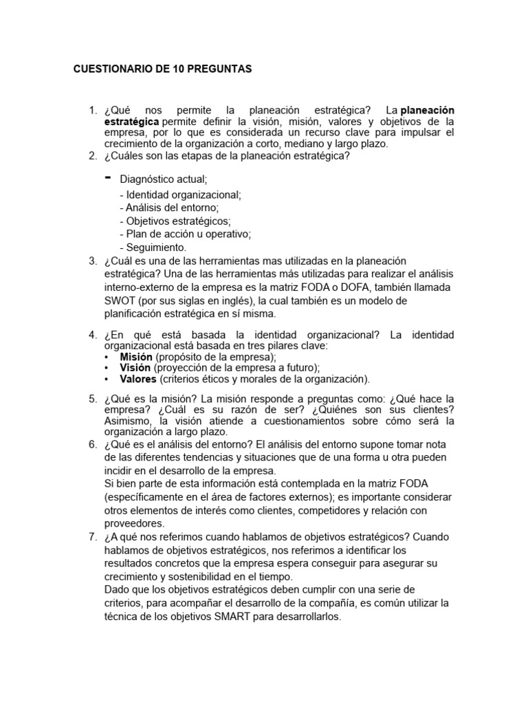 Cuestionario de 10 Preguntas Presupuestos | PDF | Planificación | Análisis FODA