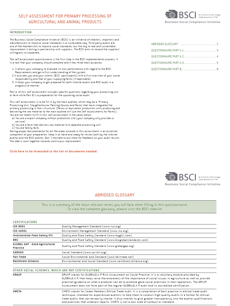 Bsci Primary Processing Unit Self-Assessment F En062012 | PDF | Occupational Safety And Health ...