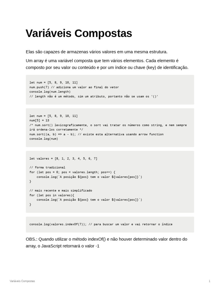 Variáveis Compostas - JavaScript | PDF