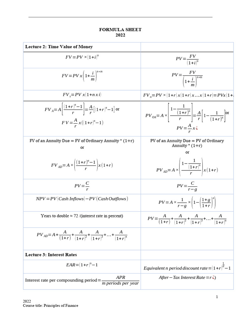 Formula Sheet Principles of Finance | PDF | Net Present Value | Free Cash Flow