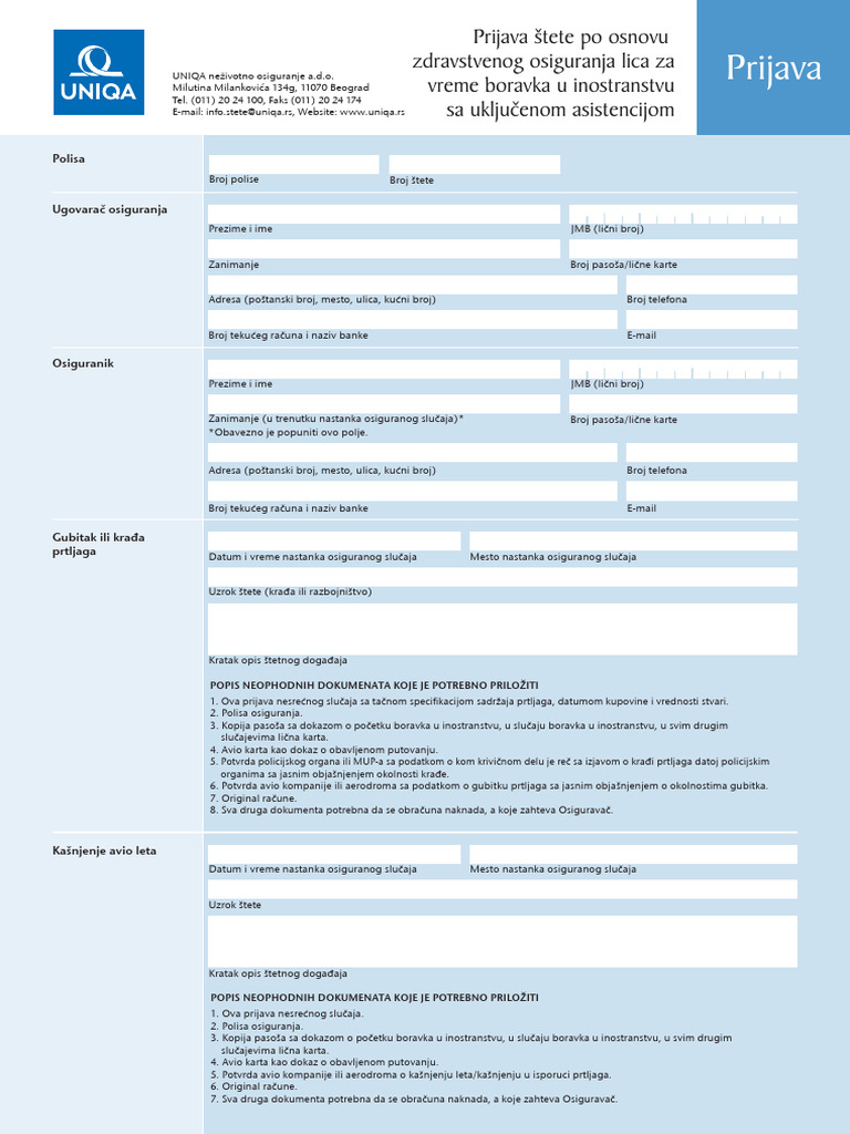 Prijava - Tete - Putno Osiguranje Jul 2020 | PDF