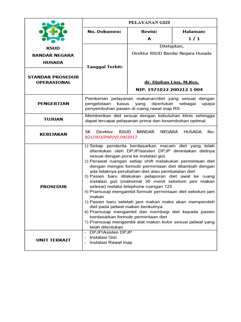 SOP Pelayanan Gizi | PDF