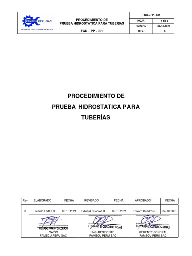 Procedimiento de Prueba Hidrostatica Fcu-Pp-001 Rev 0 | PDF | Presión | Líquidos