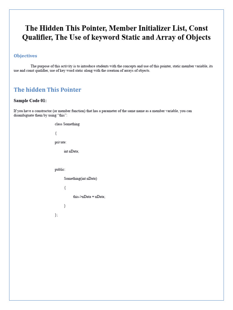 Graded Lab The Hidden This Pointer, Static Data Member | PDF | Pointer (Computer Programming ...