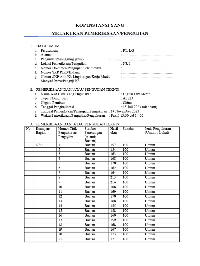 Form Pengukuran Pencahayaan Nr 1 Pdf
