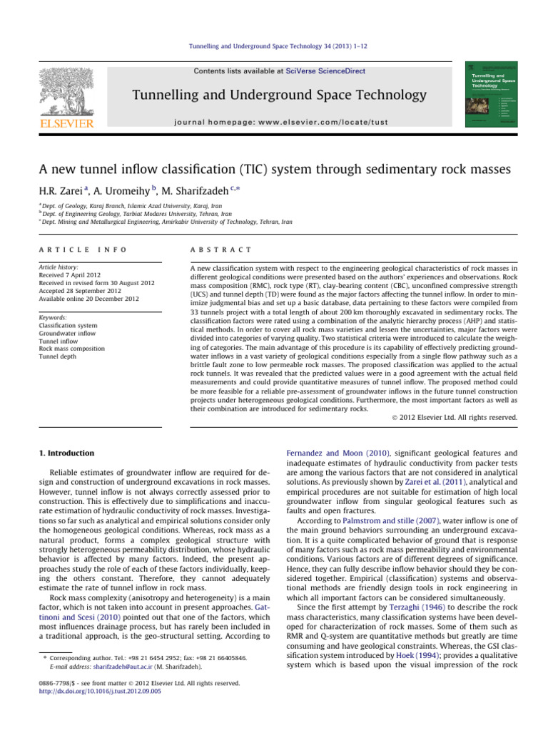 A New Tunnel Inflow Classification (TIC) System Through Sedimentary Rock Masses 1-s2.0 ...