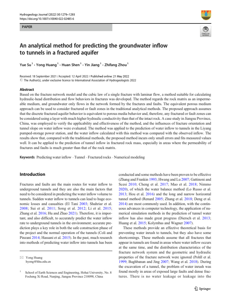 An Analytical Method For Predicting The Groundwater Inflow To Tunnels in A Fractured Aquifer ...