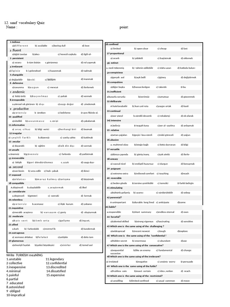 Sınıf Vocabulary Quiz Name: Point | PDF