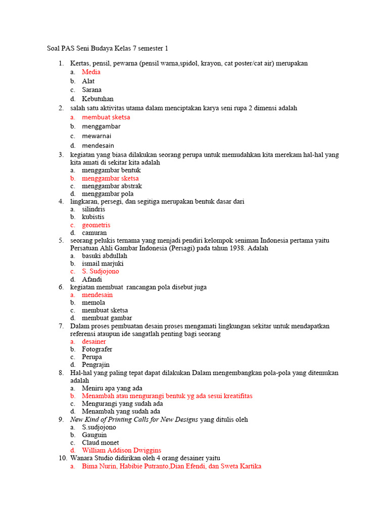 Soal Uas SBK Semester 1 Ibu Hari | PDF | Griya & Taman | Seni