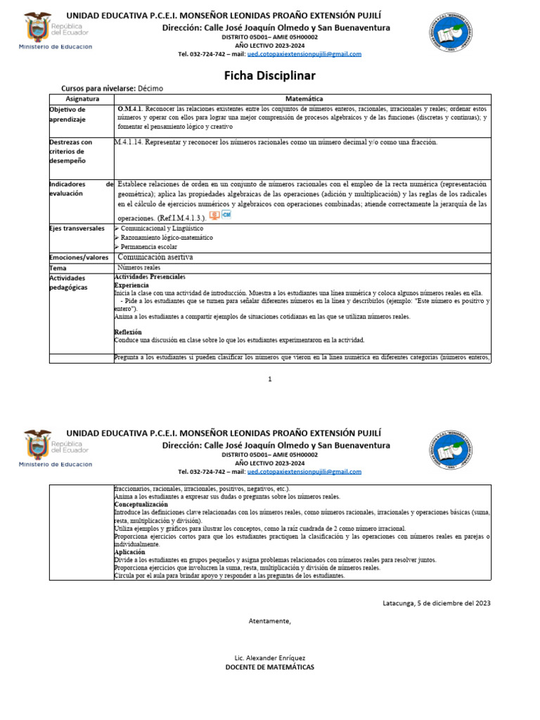 Formato Ficha Disciplinar | PDF | Números | Número Real