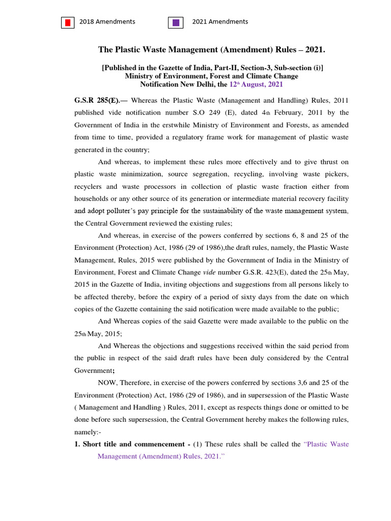 Plastic Waste Management Rules 2021 | PDF | Biodegradation | Plastic