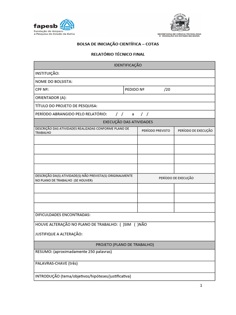 Modelo de Relatorio Final FAPESB | PDF | Science
