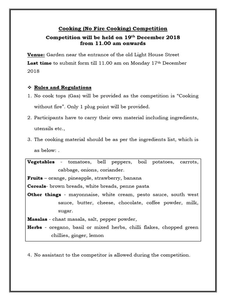 No Fire Cooking Competition Rules | PDF