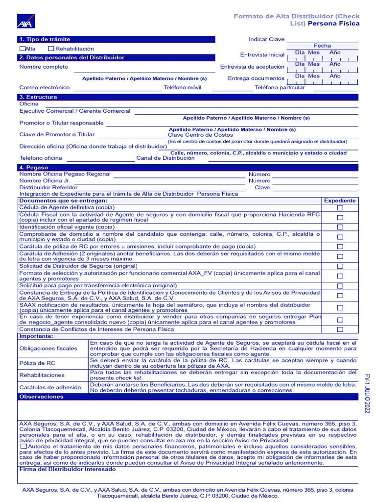 Formato de Alta para Distribuidores AXA | PDF | Póliza de seguros