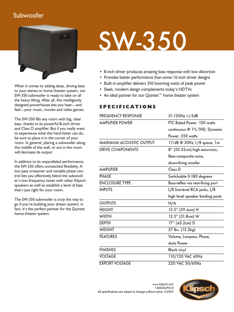 Klipsch SW350-SW450 Sub Specifications | PDF | Loudspeaker | Electronics