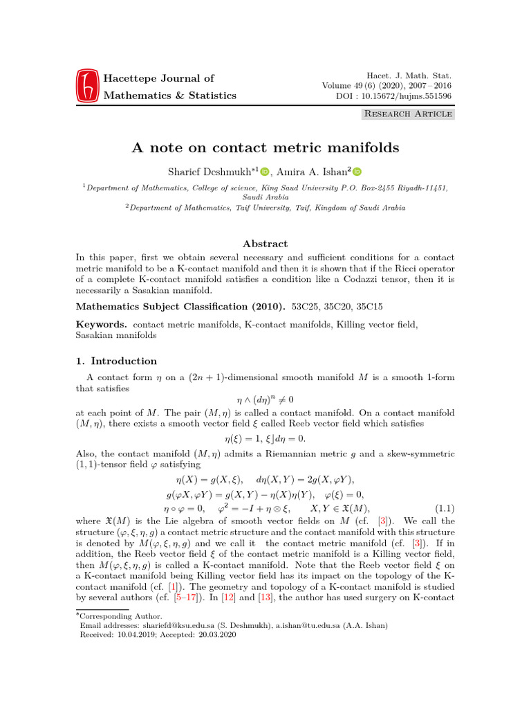 A Note On Contact Metric Manifolds | PDF | Differentiable Manifold | Multivariable Calculus