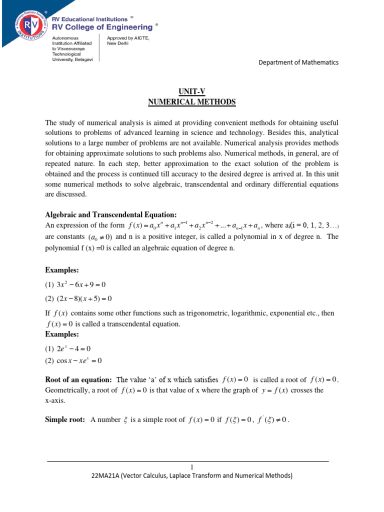 UNIT V Numerical Methods 1 | PDF | Equations | Polynomial UNIT V Numerical Methods 1 | PDF | Equations | Polynomial