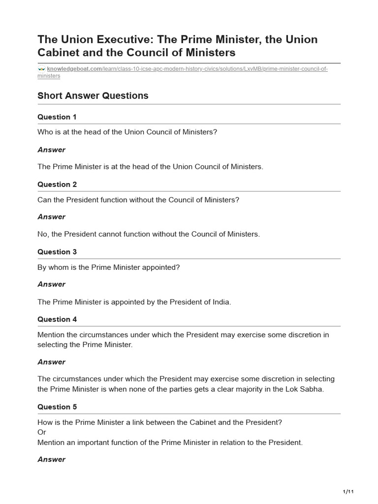 A. 3. The Union Executive The Prime Minister The Union Cabinet and The ...