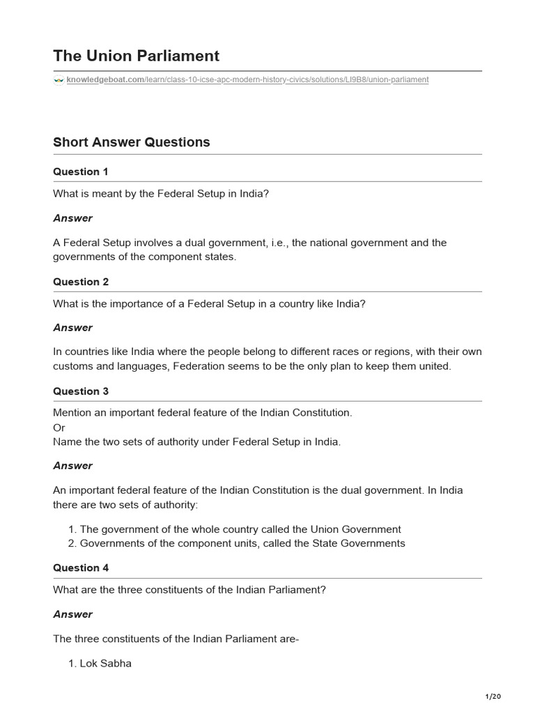 A. 1. The Union Parliament | PDF | Government Of India | United States ...