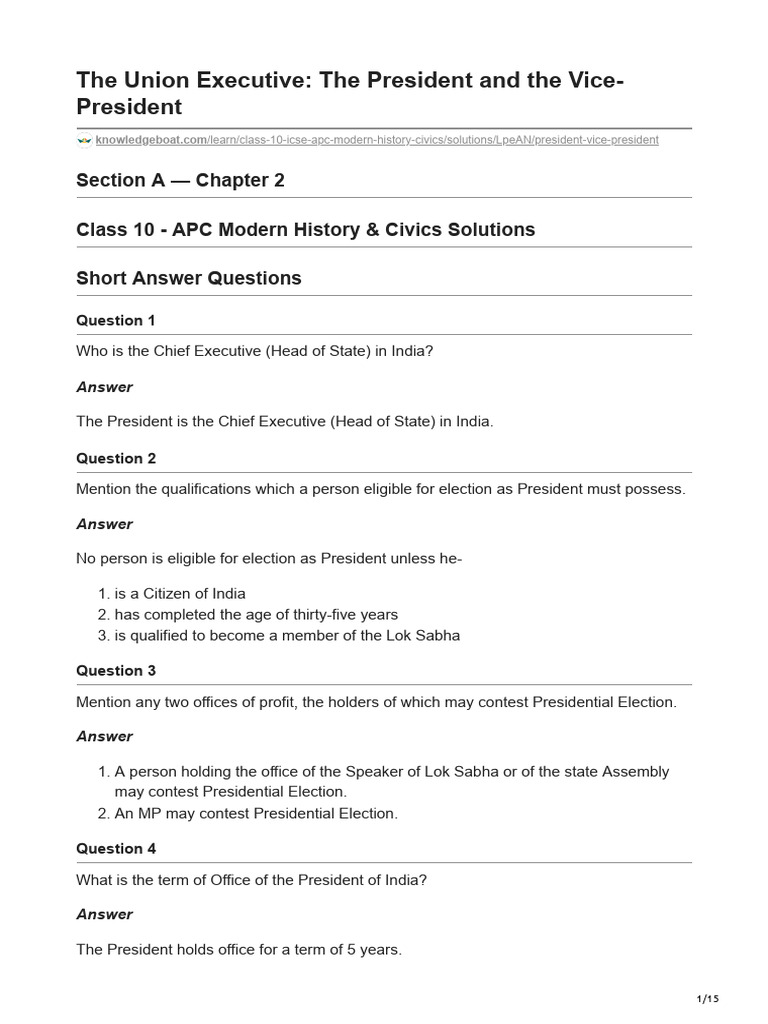 A. 2. The Union Executive The President and The Vice-President | PDF ...