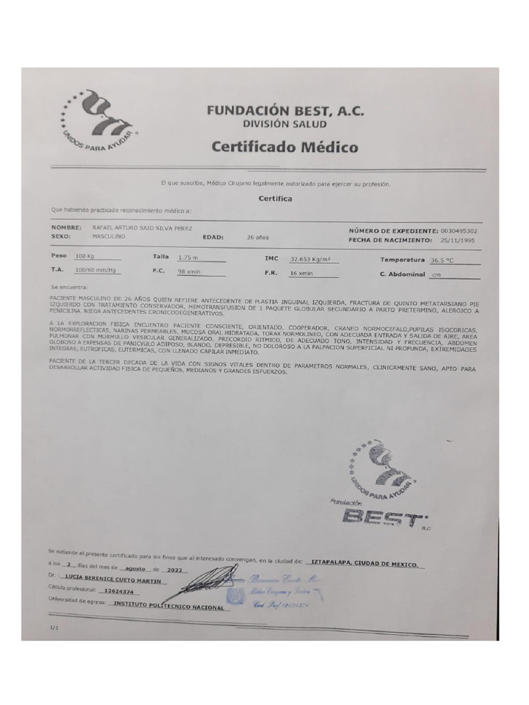 Certificado Medico | PDF