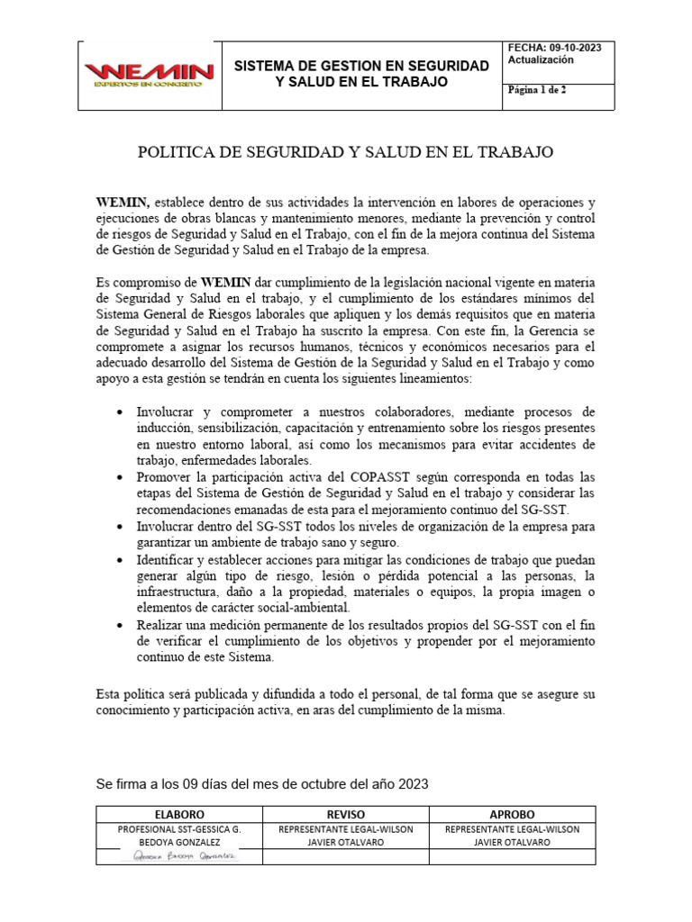 Politica de Seguridad y Salud en El Trabajo Wemin | PDF | Business | Seguridad y salud ocupacional