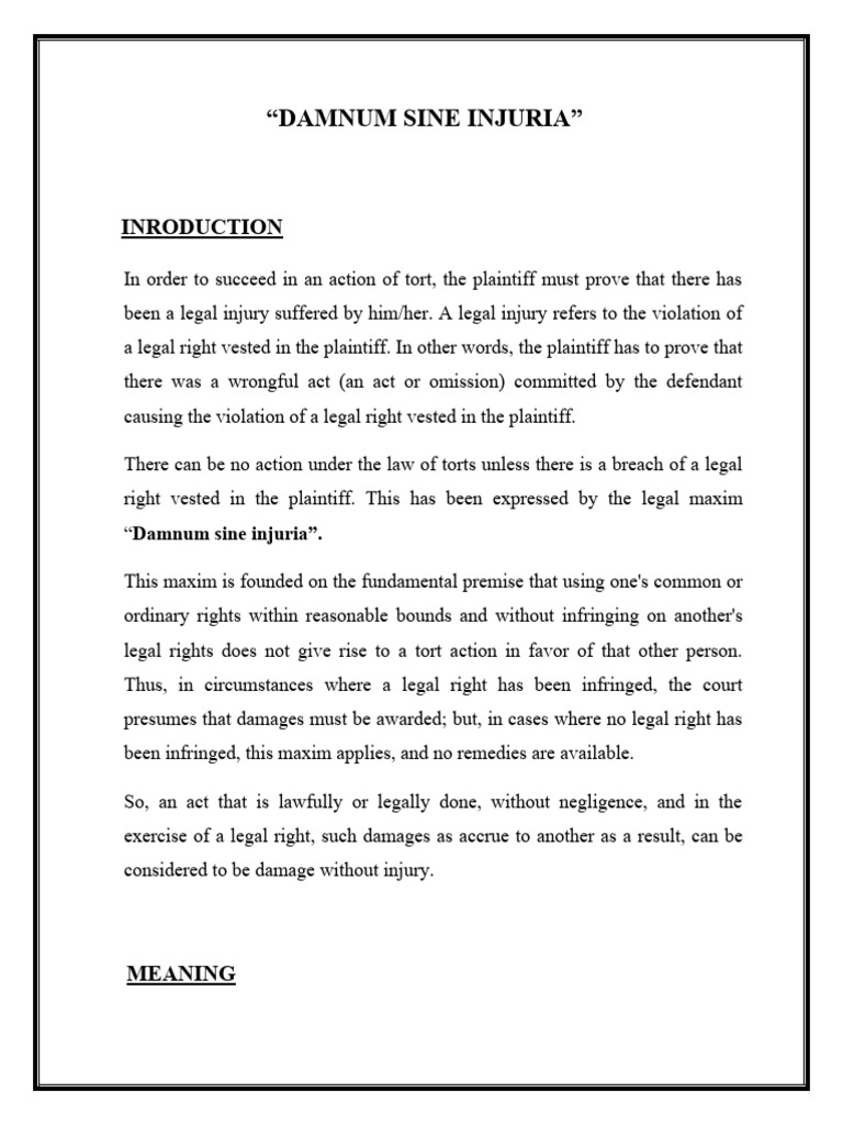 Damnum Sine Injuria | PDF | Damages | Tort