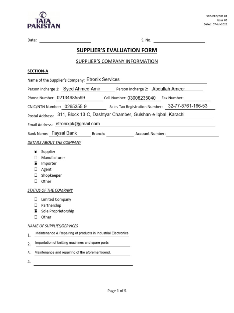 (SCD-PRO-001.01) Supplier Evaluation Form - Issue 8 | PDF | Procurement ...
