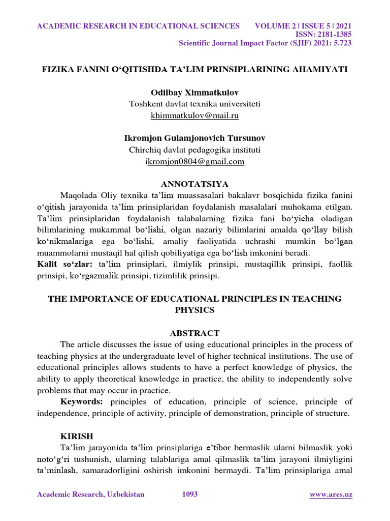Fizika Fanini o Qitishda Ta Lim Prinsiplarining Ahamiyati | PDF ...