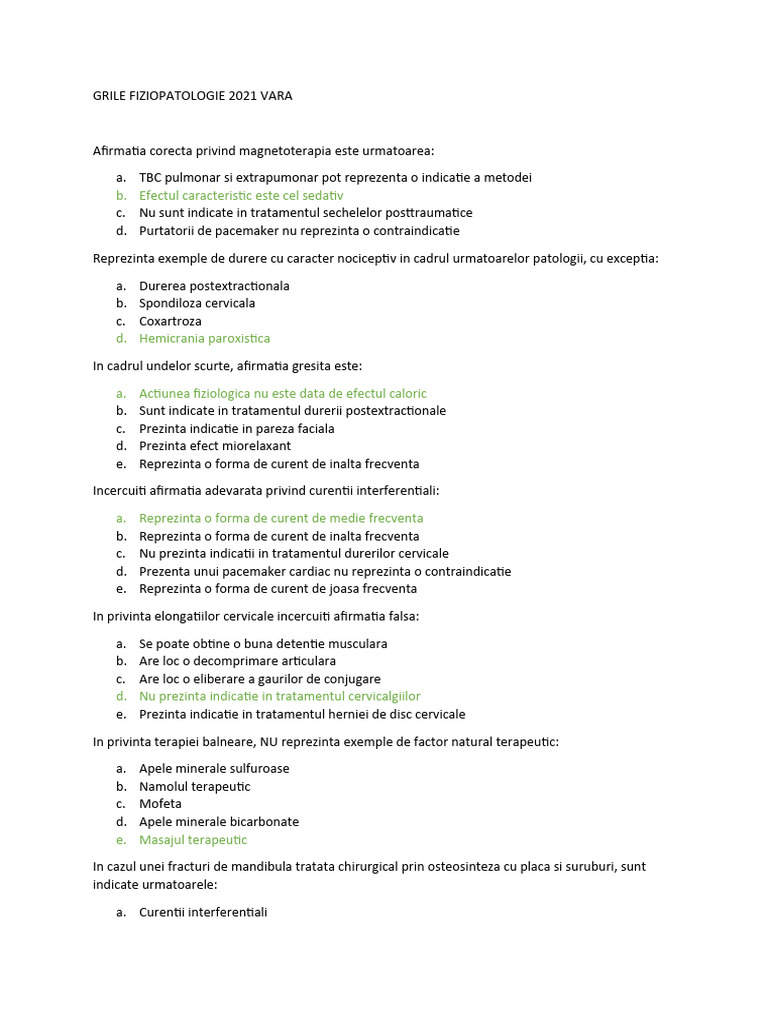 Grile Fizioterapie 2021 Vara | PDF