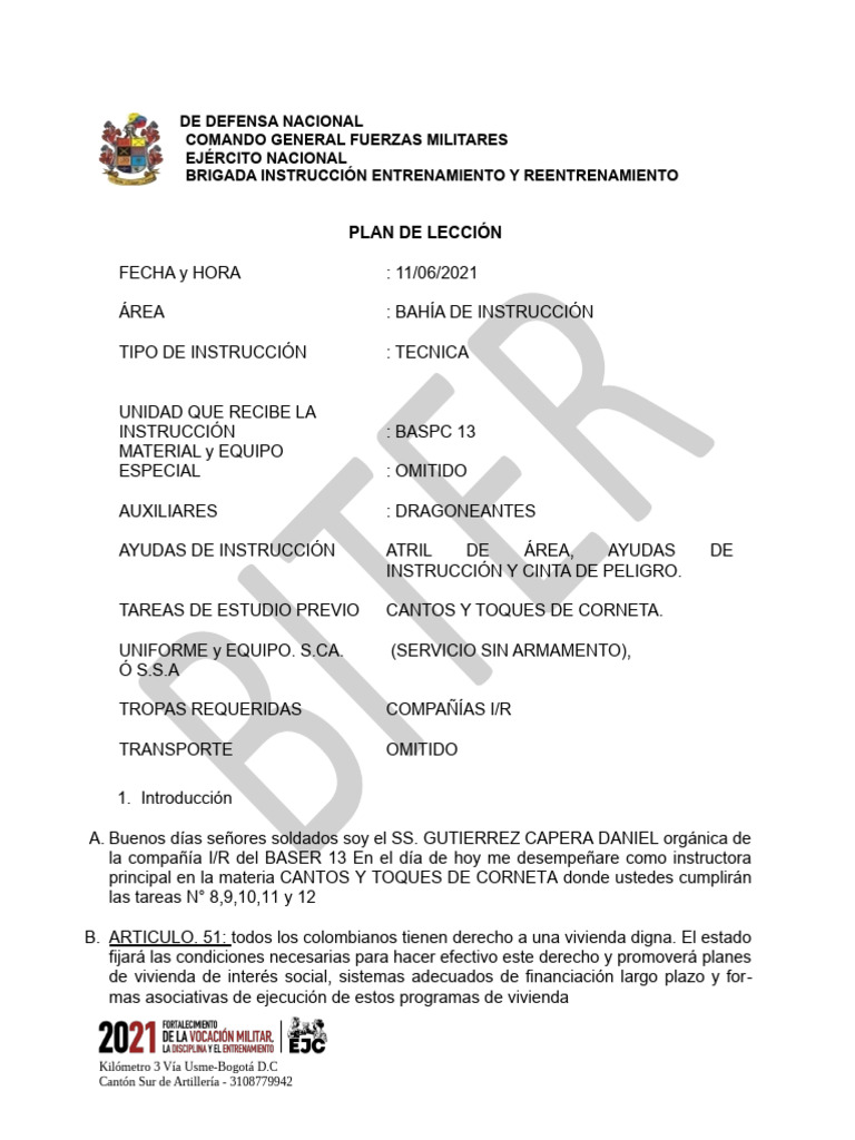 Plan de Leccion Tecnica Cantos y Toques de Corneta Tarea 8,9,10,11 | PDF | Primeros auxilios ...