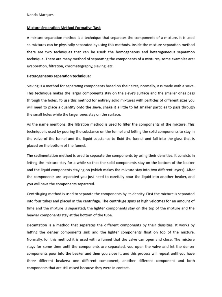 Mixture Separation Method Formative Task Nanda Marques | PDF | Mixture ...