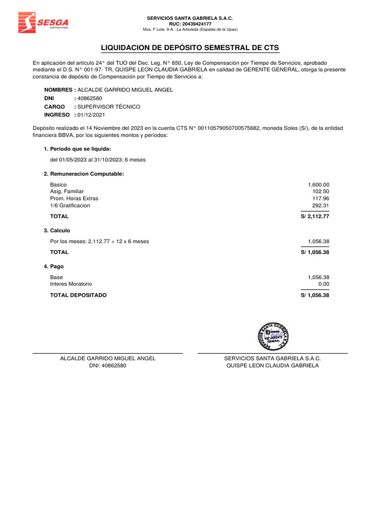 Constancia de Depósito CTS Semestral | PDF