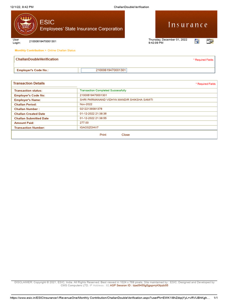 ESIC Challan Double Verification Details | PDF