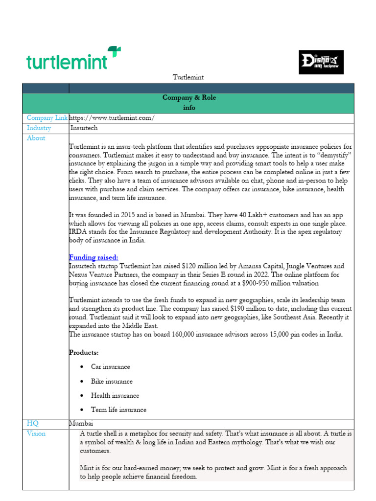 Turtlemint: Insurtech Overview & Growth | PDF | Insurance | Startup Company