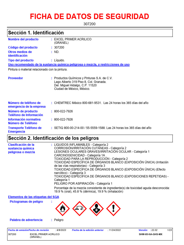 Hoja de Seguridad Excel Primer Acrilico | PDF | Agua | Residuos