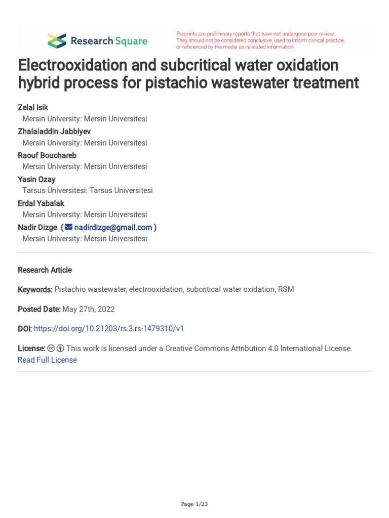Electrooxidation and Subcritical Water Oxidation Hybrid Process For ...