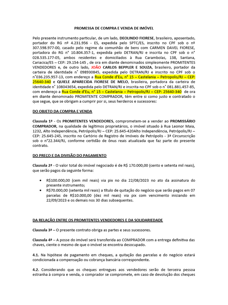 Promessa de Compra e Venda de Imóvel | PDF | Documentos jurídicos ...
