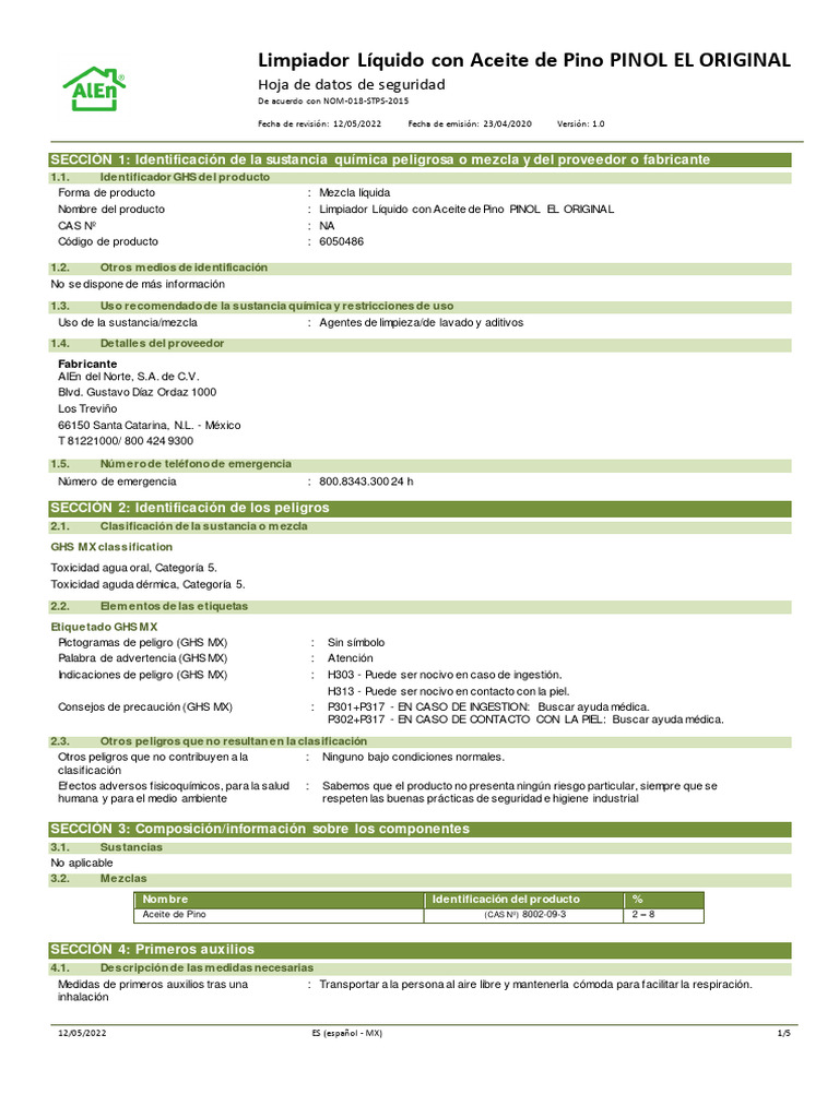 Hoja de Seguridad de Pinol El Original | PDF | Agua | Toxicidad
