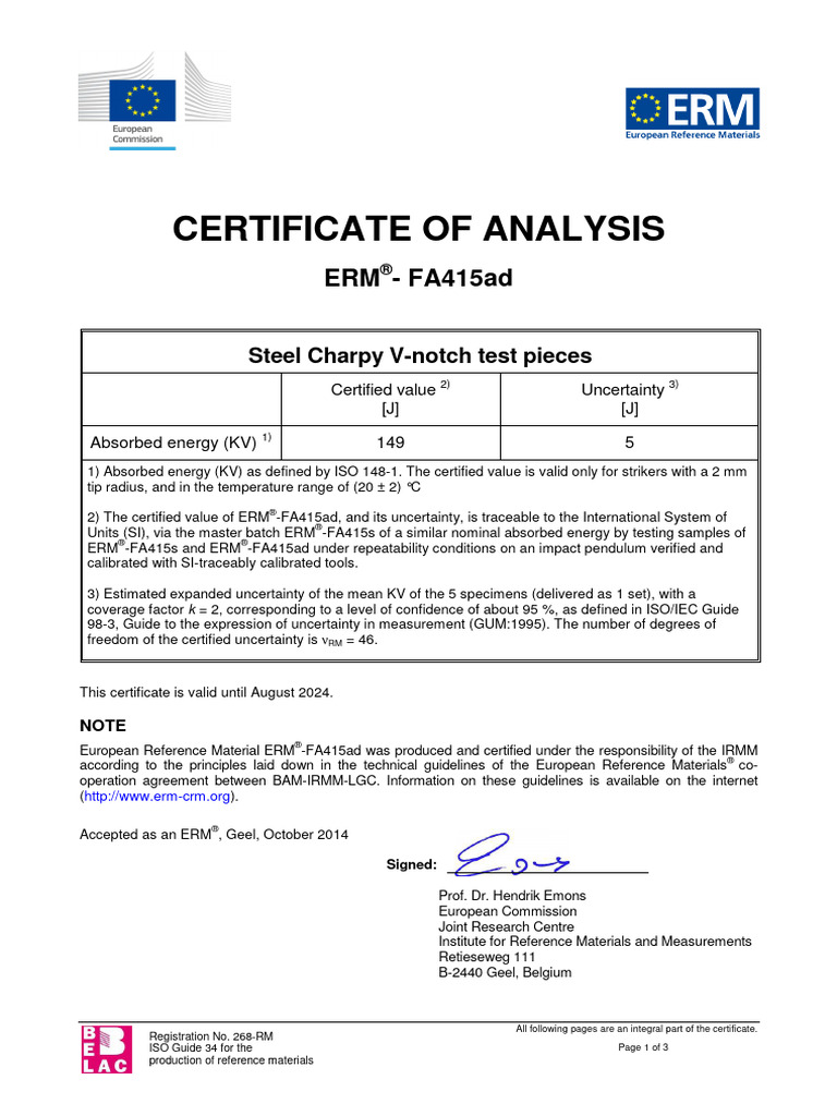ERM FA415ad Certificate | PDF | Metrology | Physical Sciences