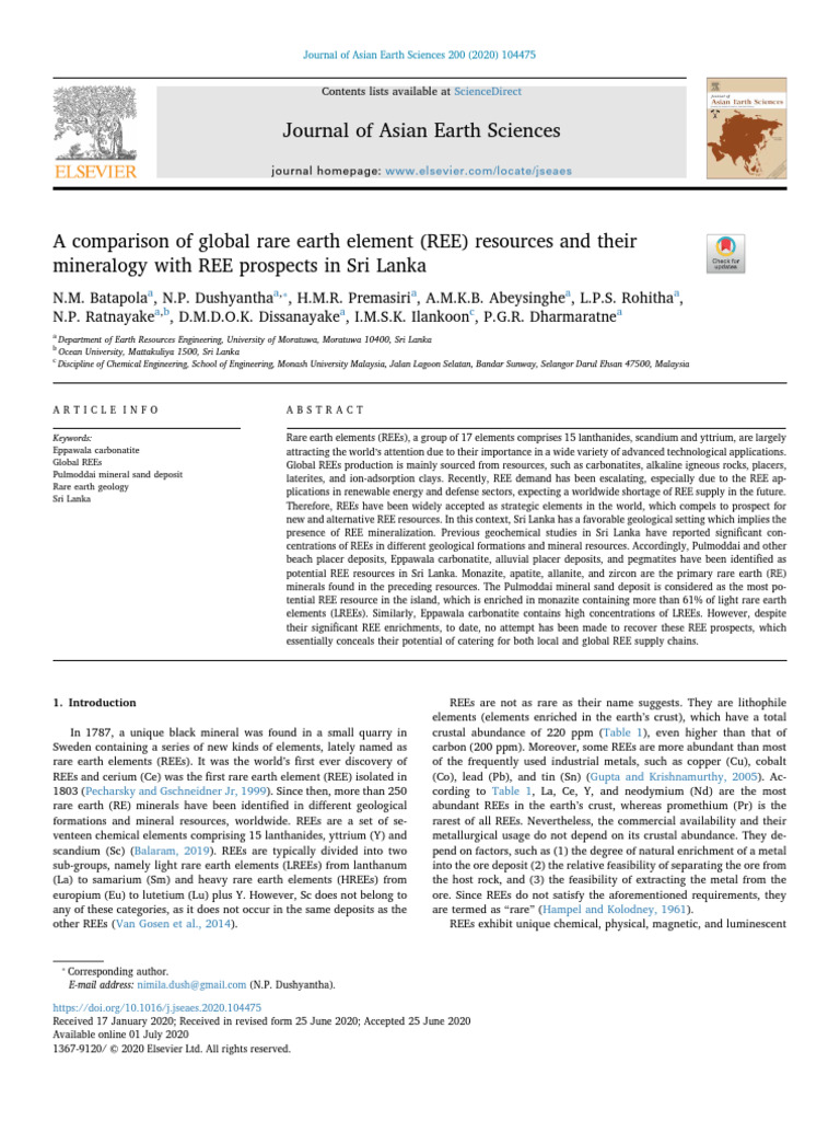 A Comparison of Global Rare Earth Element REE Resourc 2020 Journal of ...