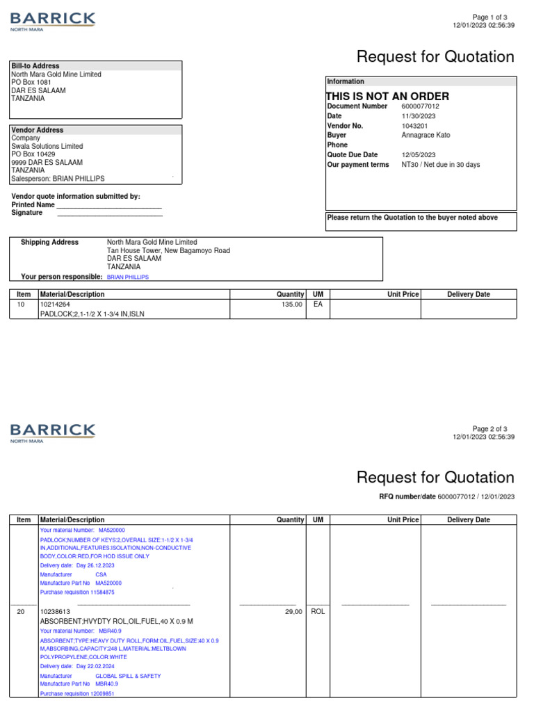 North Mara Gold Mine RFQ Document | PDF | Invoice | Receipt