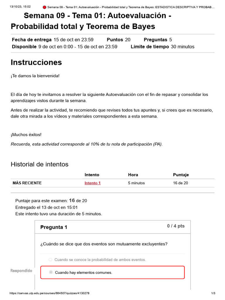 ? Semana 09 - Tema 01_ Autoevaluación - Probabilidad Total y Teorema de Bayes_ ESTADISTICA ...