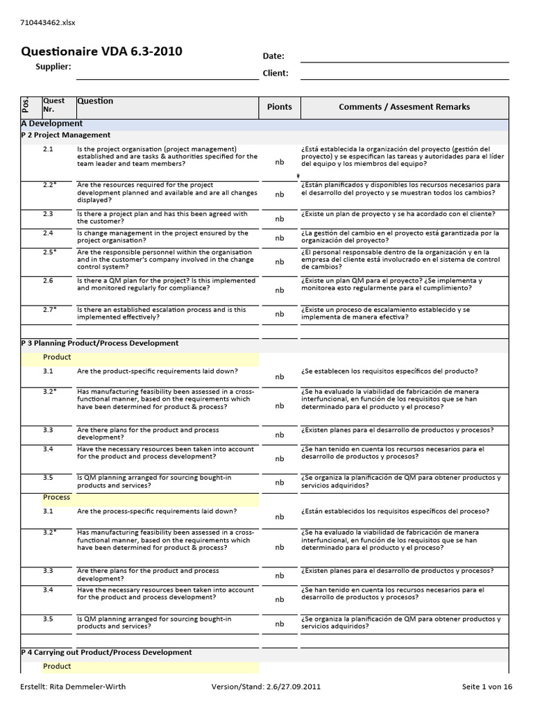 Questionaire VDA 6.3-2010: Date: Supplier: Client: Pionts Comments ...