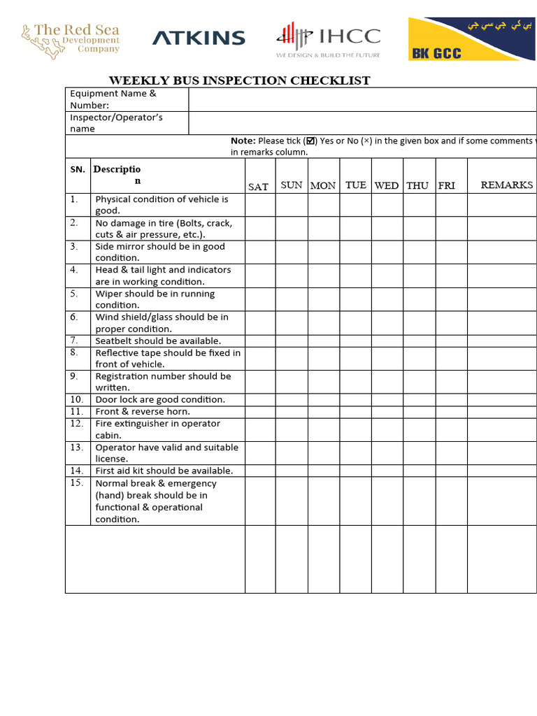 Bus Inspection Checklist | PDF