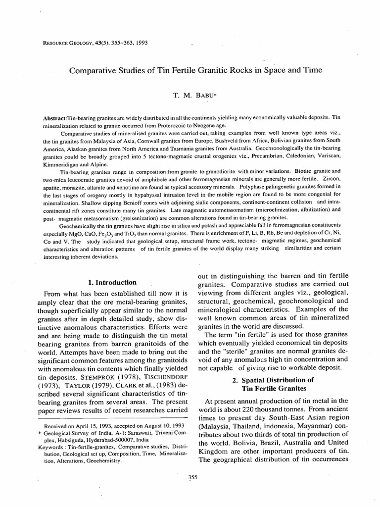 Resource Geology, 43 (5), 355 - '363, 1993 | PDF | Granite | Magma