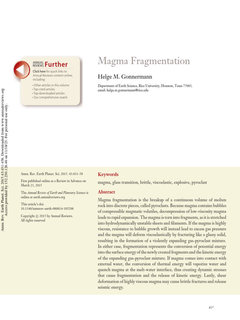 Gonnermann 2015 Magma Fragmentation | PDF | Types Of Volcanic Eruptions | Magma
